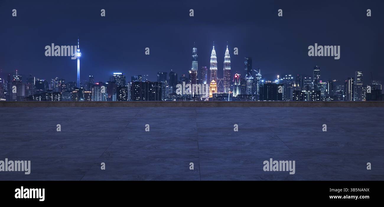 Panoramic view of empty concrete floor of rooftop with city skyline ...