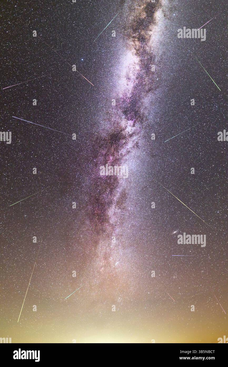 A view of a Meteor Shower and the Milky Way with an yellow illumination ...