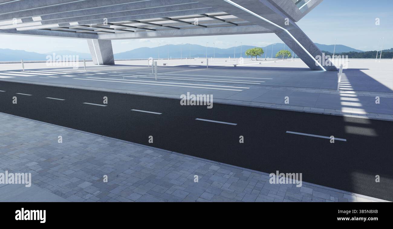 Roadside street view with modern rooftop building. 3d rendering Stock ...