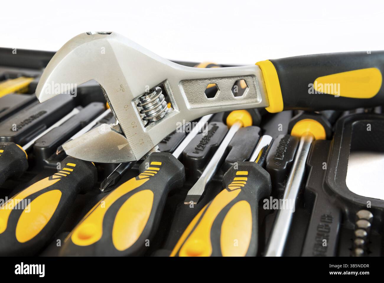 Set of screwdrivers with Adjustable Wrench in a box with rubber black ...