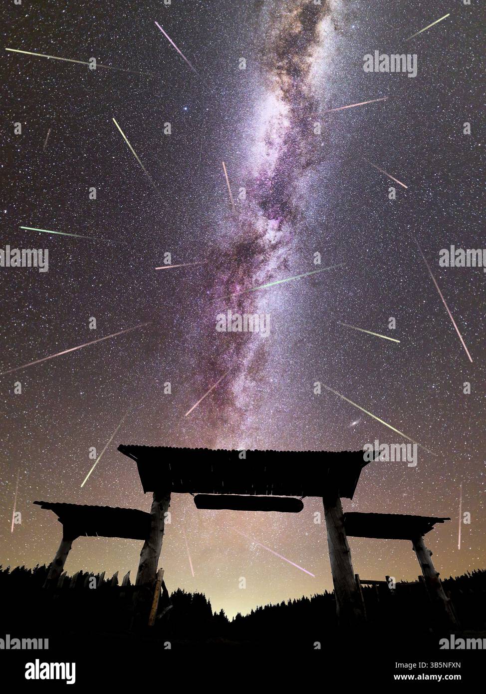A view of a Meteor Shower and the purple Milky Way with wooden entrance ...