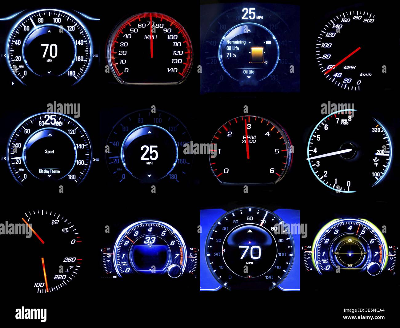 Composite image of dozen modern light car mileage (dashboard, milage ...