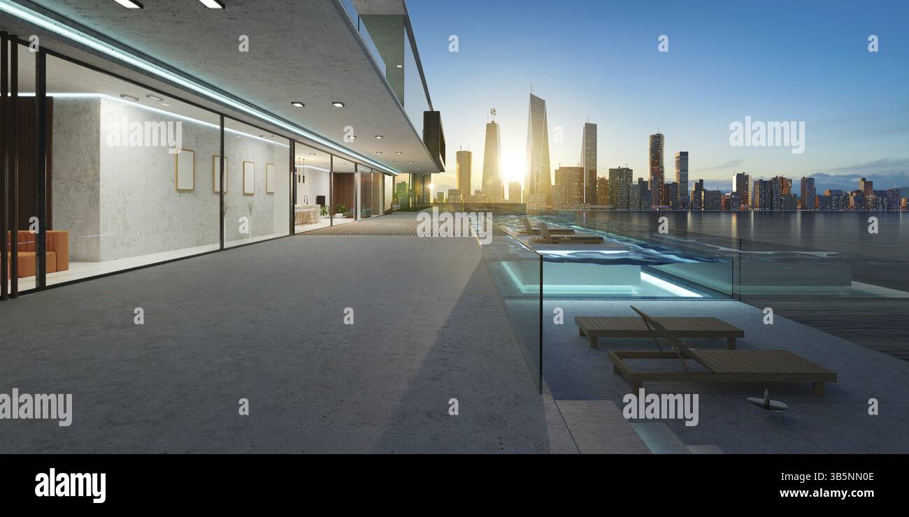 Luxury villa exterior design with beautiful sunset cityscape at the ...