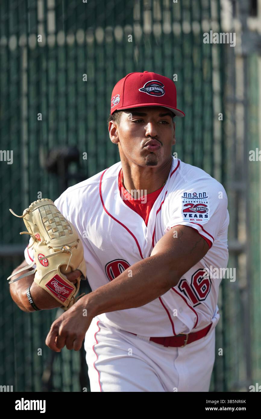 Starting pitcher Brandon Clarke (16) of the Greenville Drive works in ...