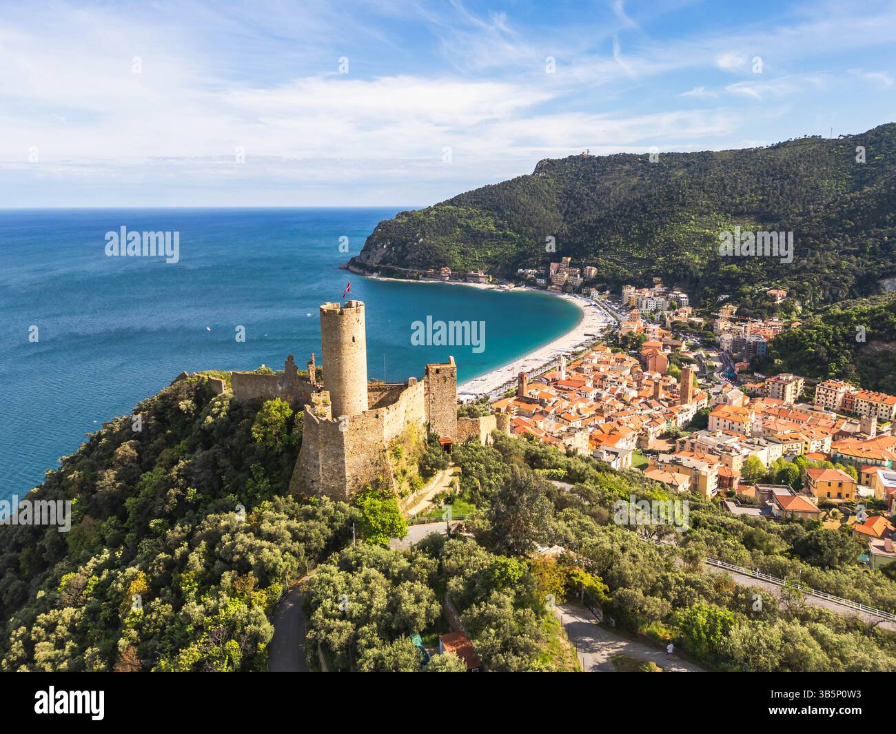 Aerial view of Monte Ursino Castle in the old village of Noli on the ...