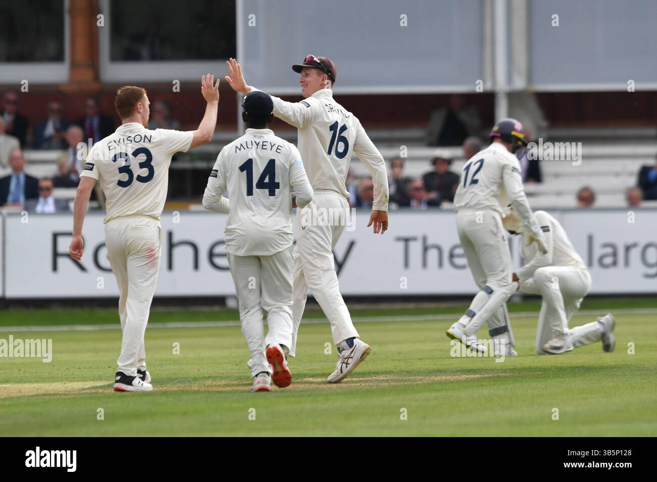 London, England. 2nd May 2025. Joey Evison celebrates taking the wicket ...