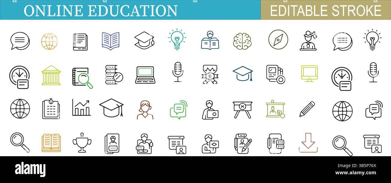 Online Education Icons Set Editable Stroke Vector Illustration Stock ...