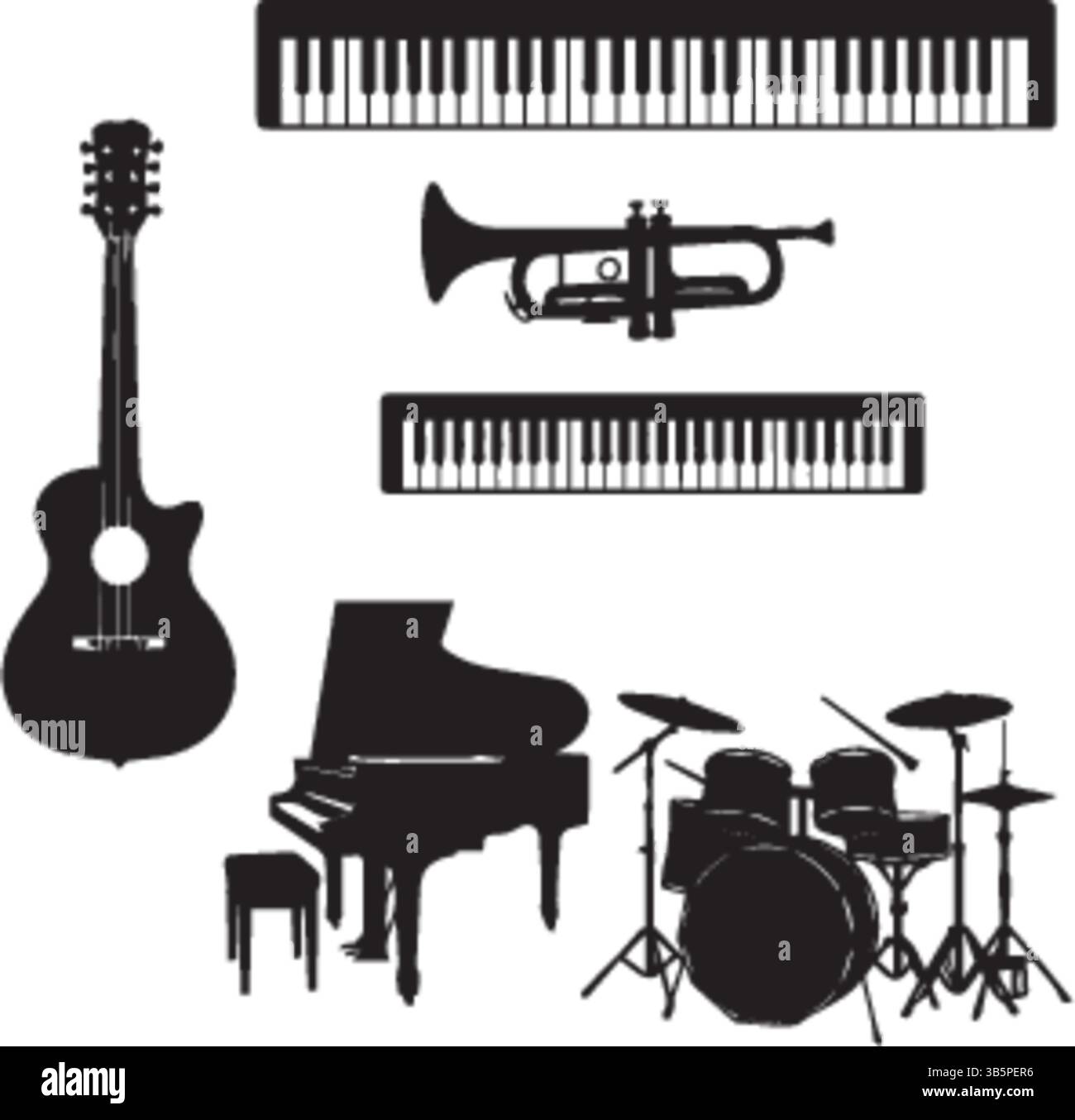 Instrument Silhouettes: Acoustic Guitar, Trumpet, Violin, Piano, Drums ...