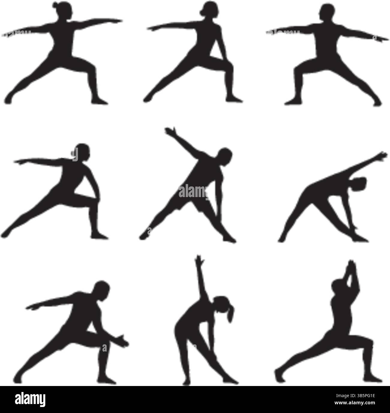 Yoga Silhouettes: 9 Diverse Poses in a 3x3 Grid - Vector Illustration ...