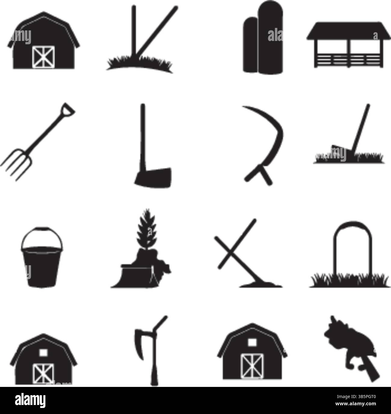 Farming & Agriculture Icons: Barn, Tools, Silos, Wheat & Rooster ...