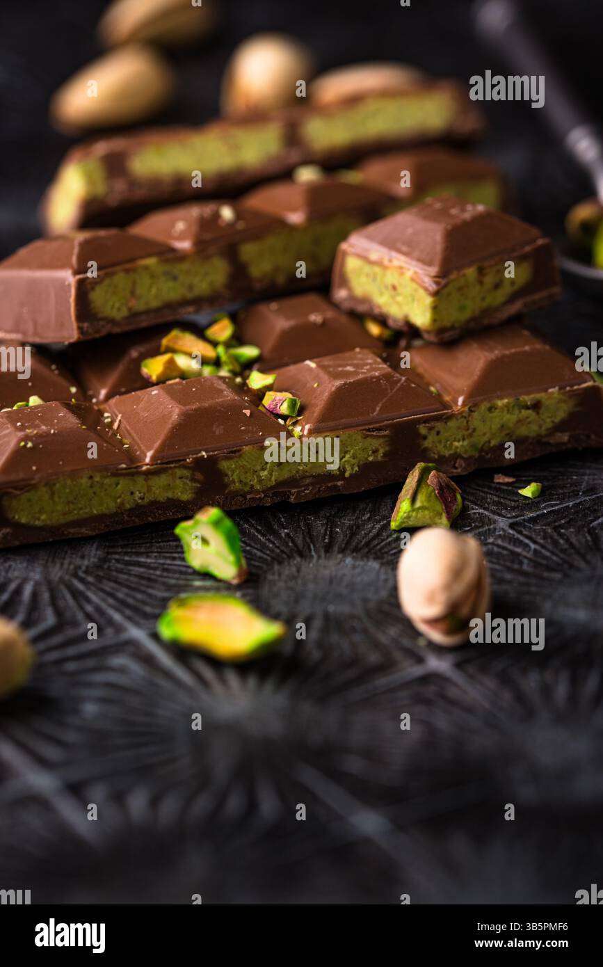 Dubai chocolate with kadayif pistachio filling Stock Photo - Alamy