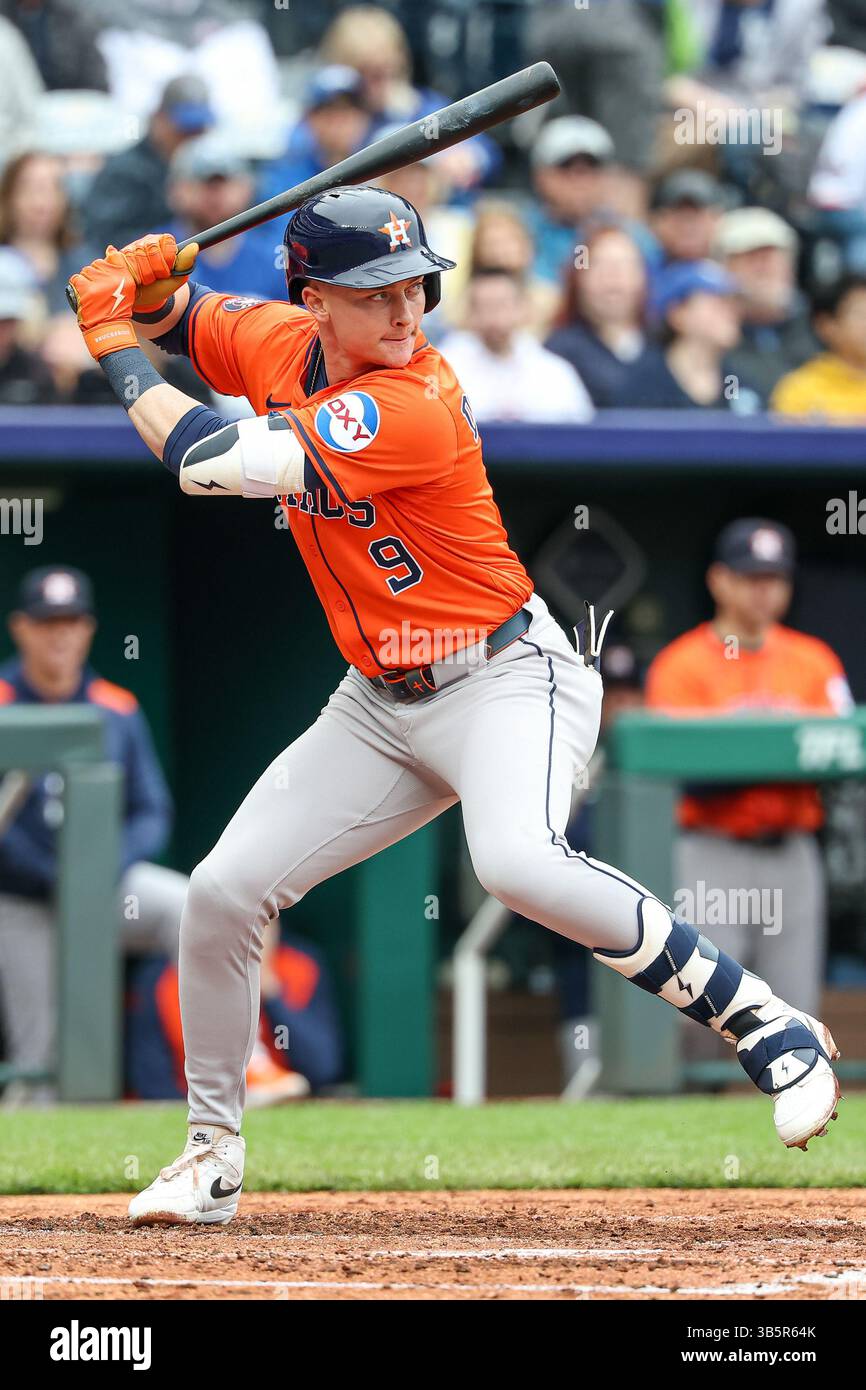 Kansas City, MO, USA. 27th Apr, 2025. Houston Astros left fielder Zach ...