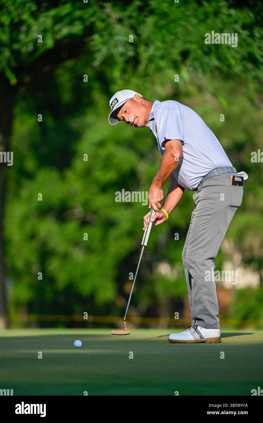 THE WOODLANDS, TX - MAY 02: Chris DiMarco watches his birdie putt on 1 ...