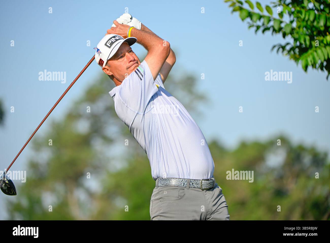 THE WOODLANDS, TX - MAY 02: Chris DiMarco watches his tee shot on 2 ...