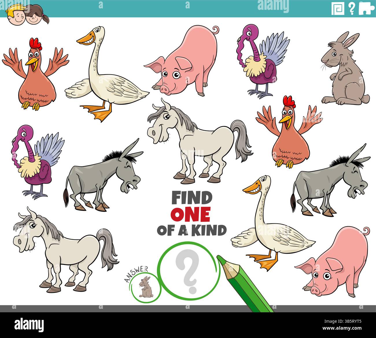 Cartoon illustration of find one of a kind picture educational puzzle ...