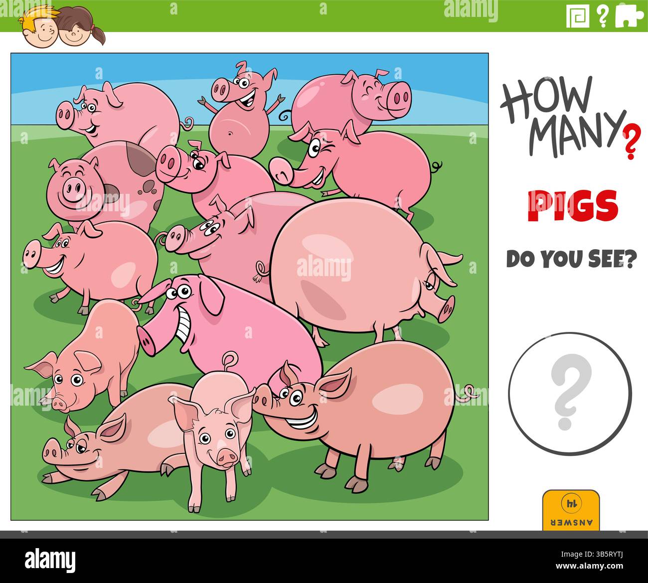 Illustration of educational counting puzzle with cartoon pigs farm ...