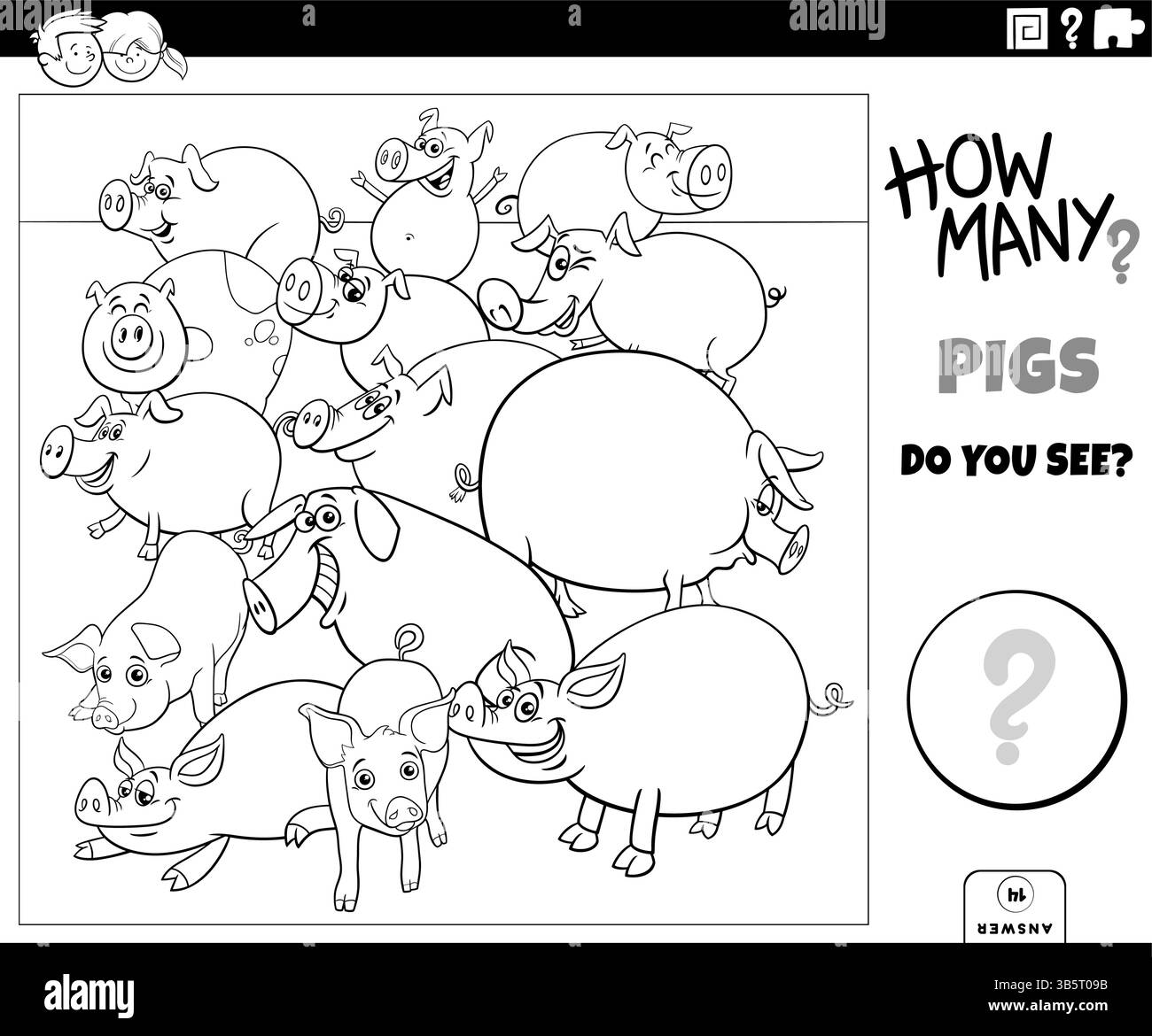 Illustration of educational counting puzzle with cartoon pigs farm ...