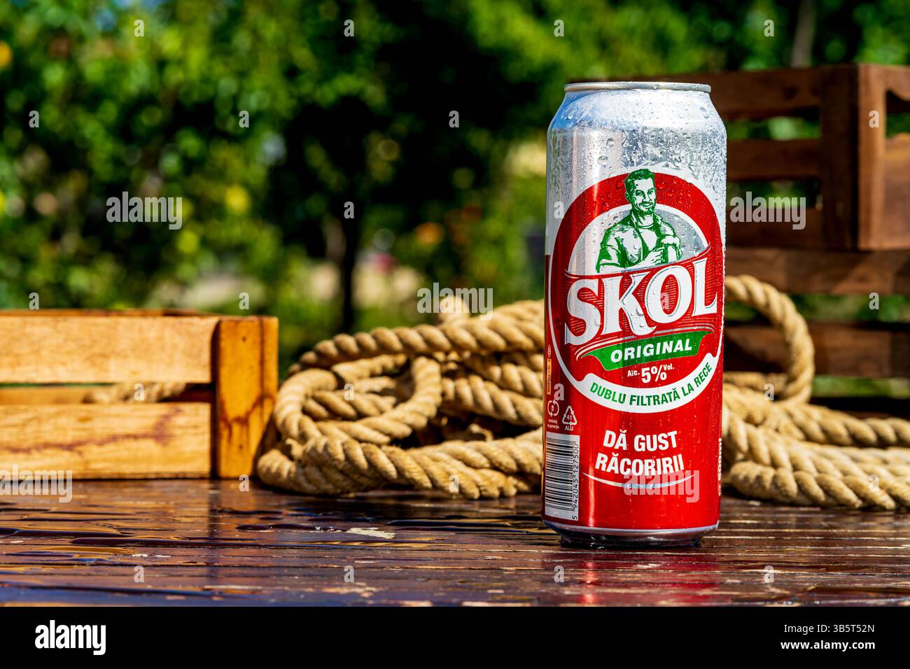 SKOL beer can - condensation water droplets, outdoors background Stock ...
