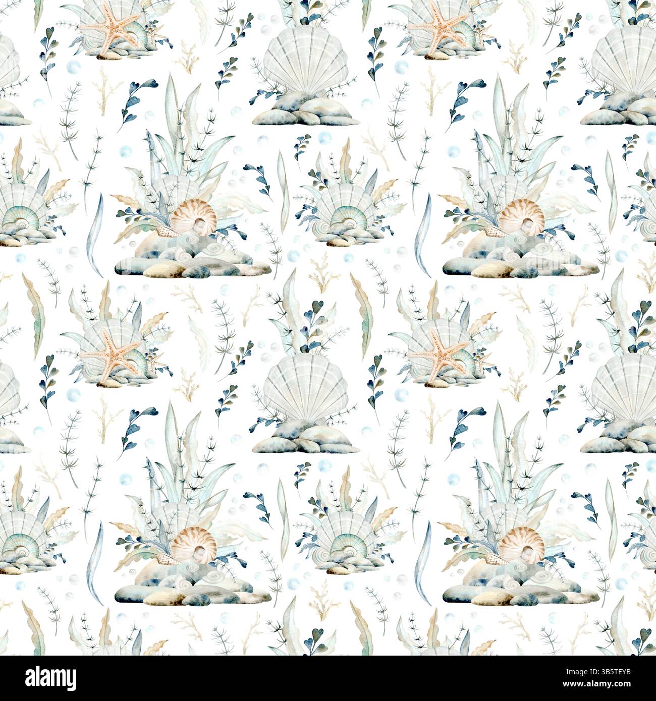 Seamless pattern of beige sea shells, seaweed, starfish and pebbles ...