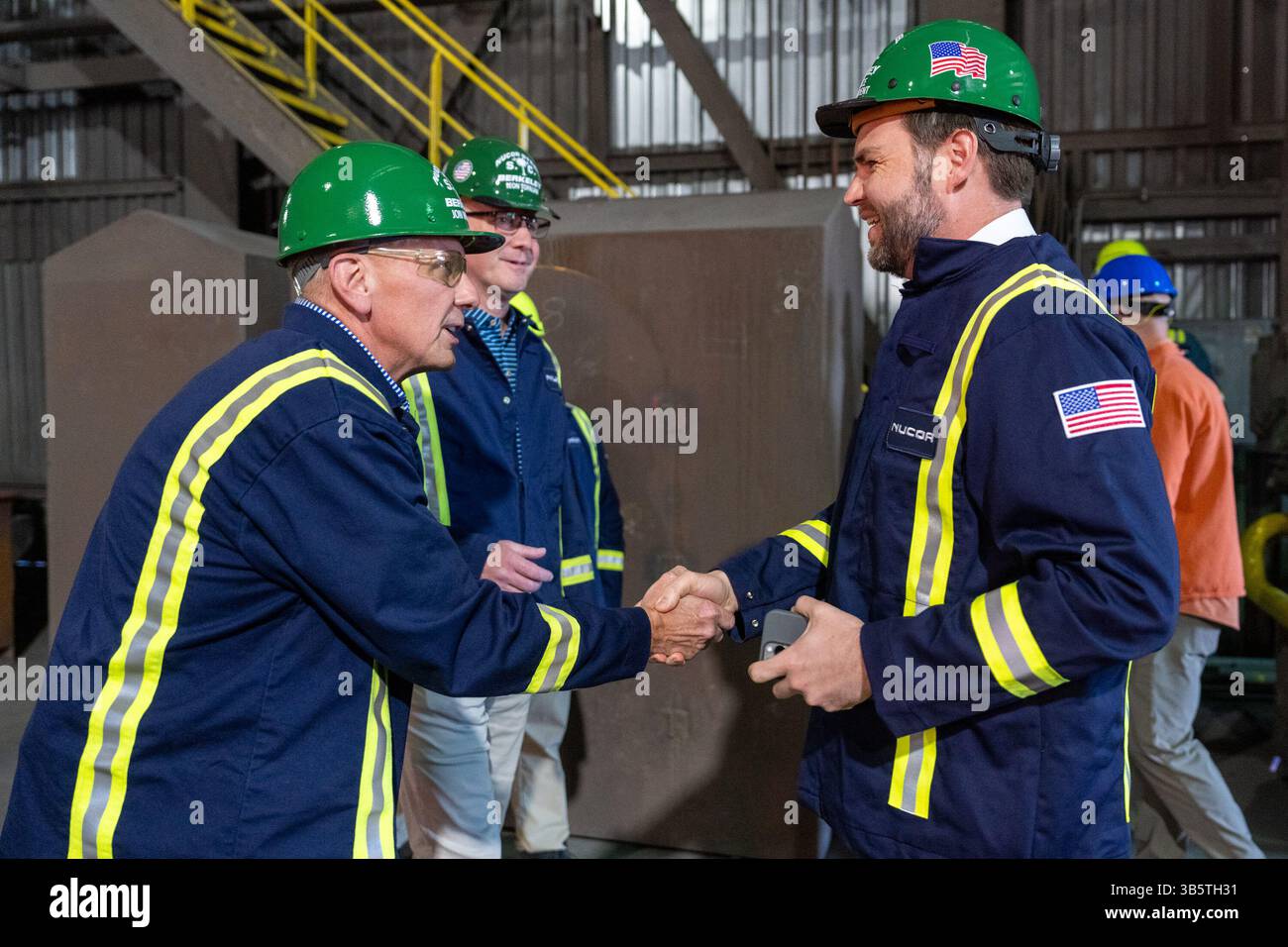 Huger, USA. 01st May, 2025. Vice President JD Vance greets CEO Leon ...