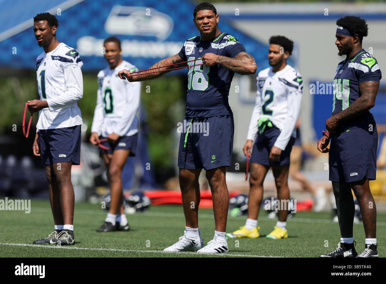Seattle Seahawks tight end Elijah Arroyo (18) warms up during the NFL football team's rookie ...