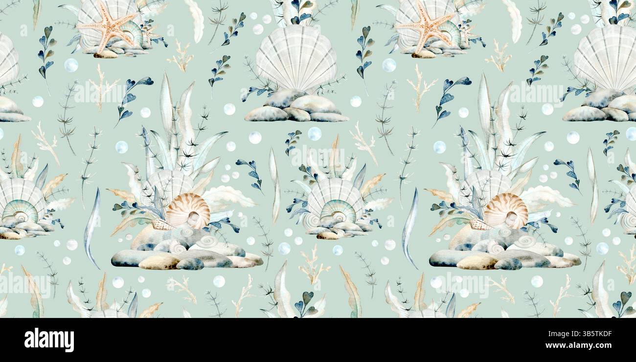 Seamless pattern of beige sea shells, seaweed, starfish and pebbles ...
