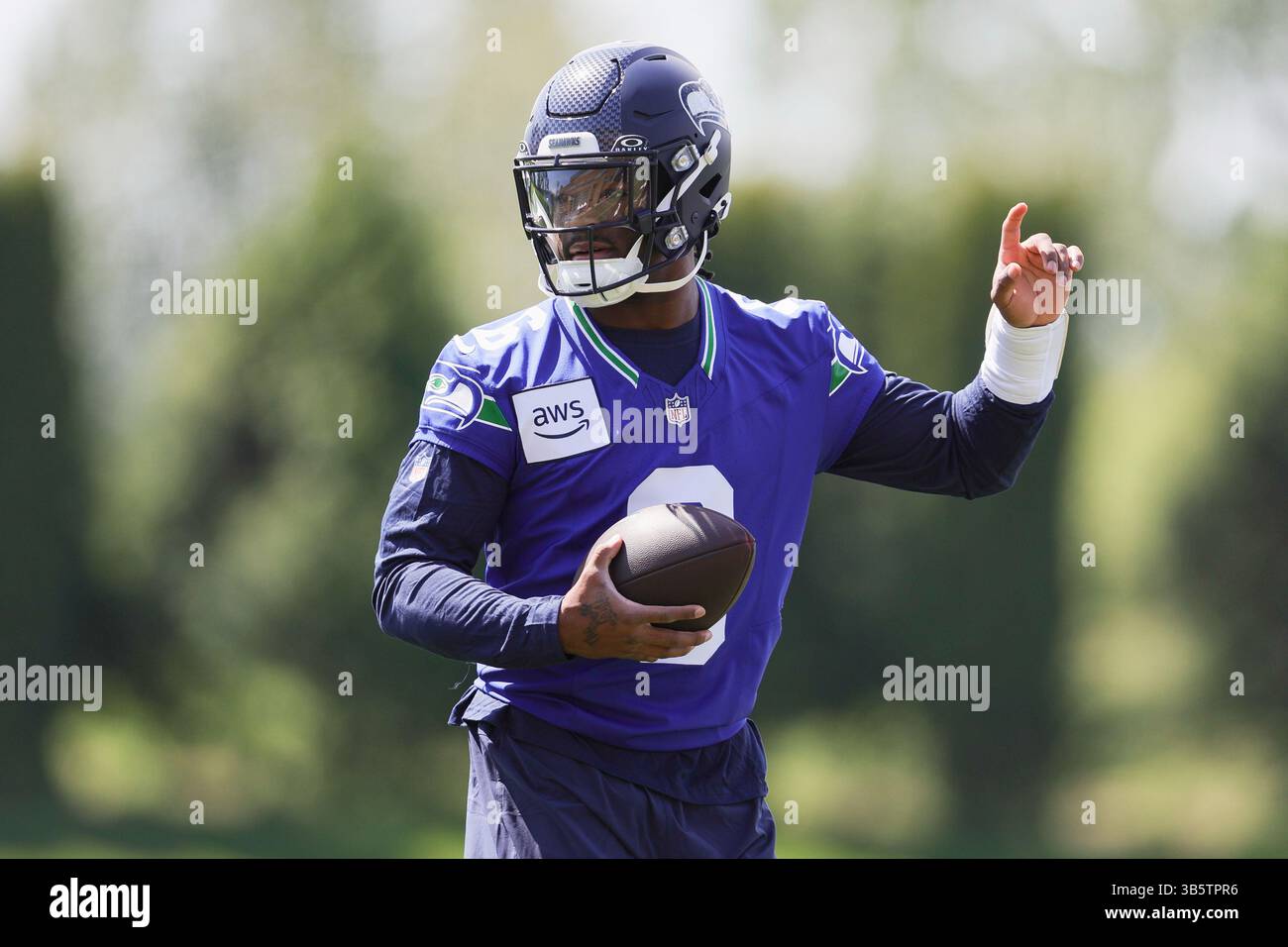 Seattle Seahawks quarterback Jalen Milroe participates during the NFL ...