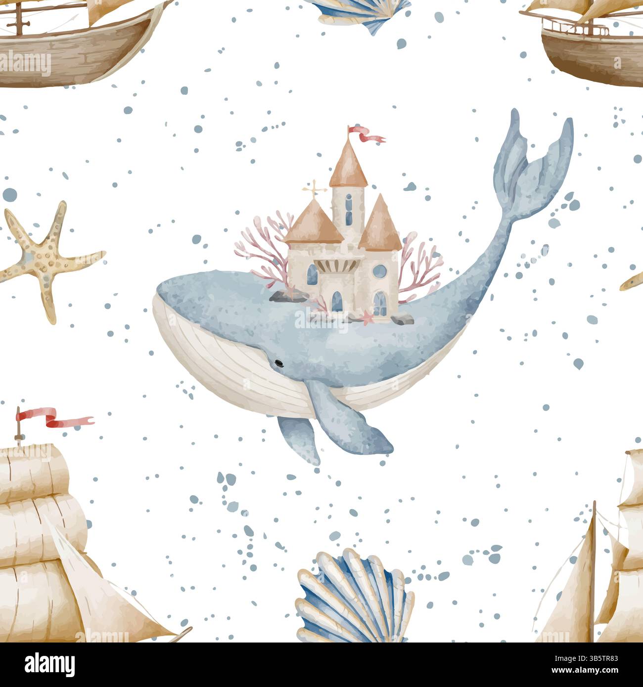 Watercolor seamless Pattern with Whale and Boat for childish wallpaper ...