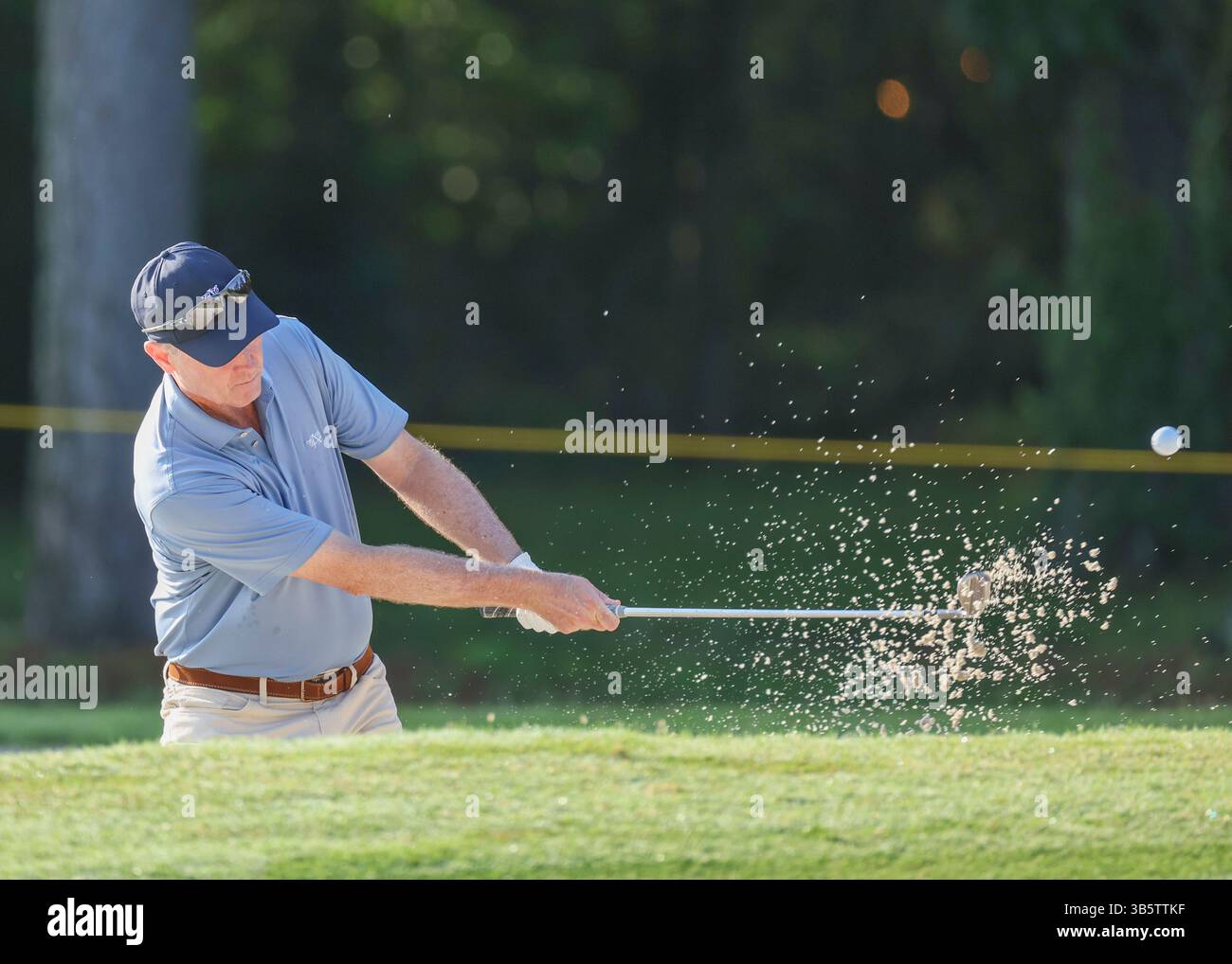 THE WOODLANDS, TX - MAY 02: Bob Estes hits a shot from the trap on 10 ...