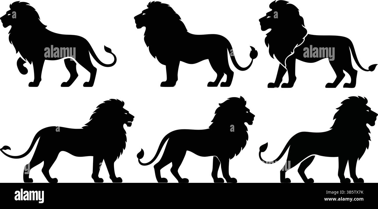 Lion Silhouettes Vector Set: Black Editable Designs of Standing Lions ...