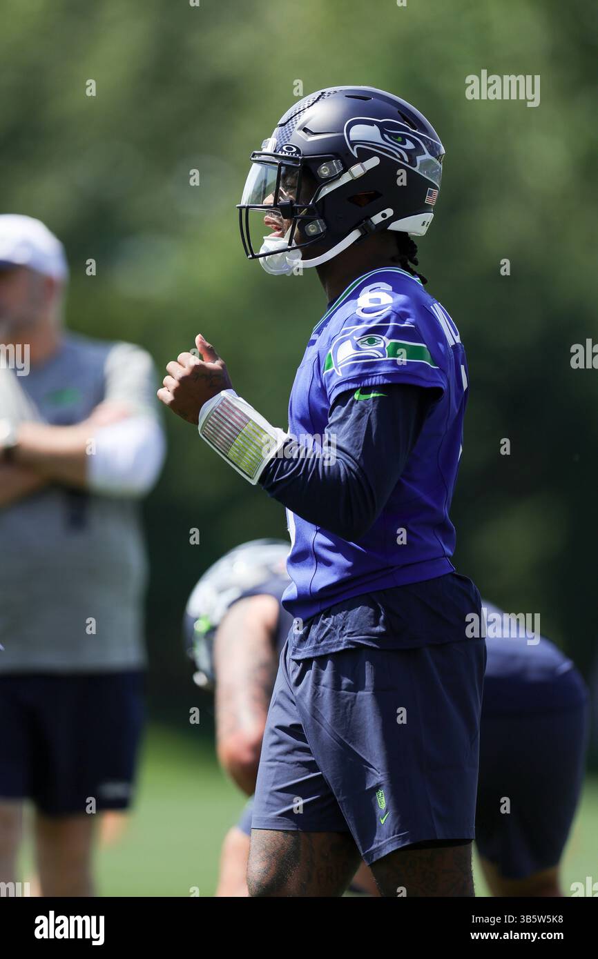 Seattle Seahawks quarterback Jalen Milroe participates during the NFL ...