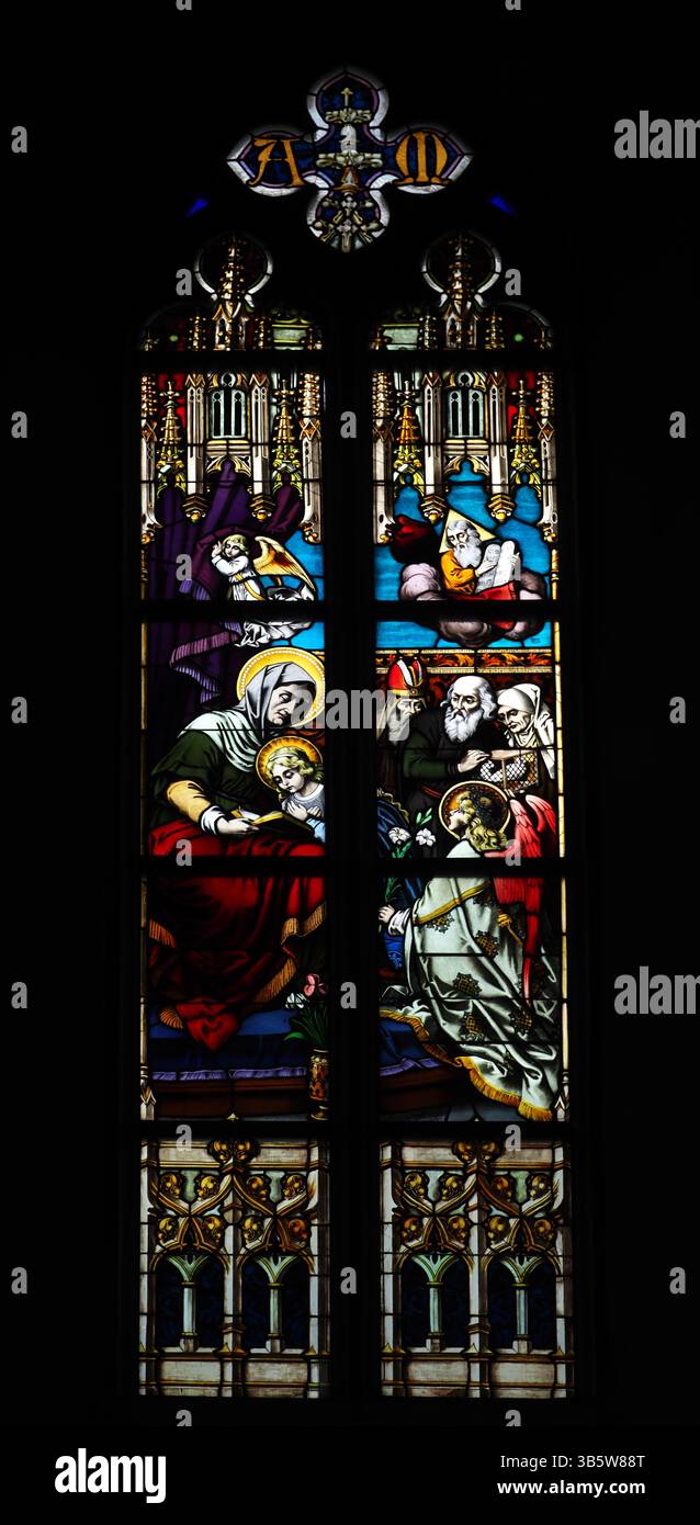Stained glass window in the church of St. Andreas "Adoration of the ...