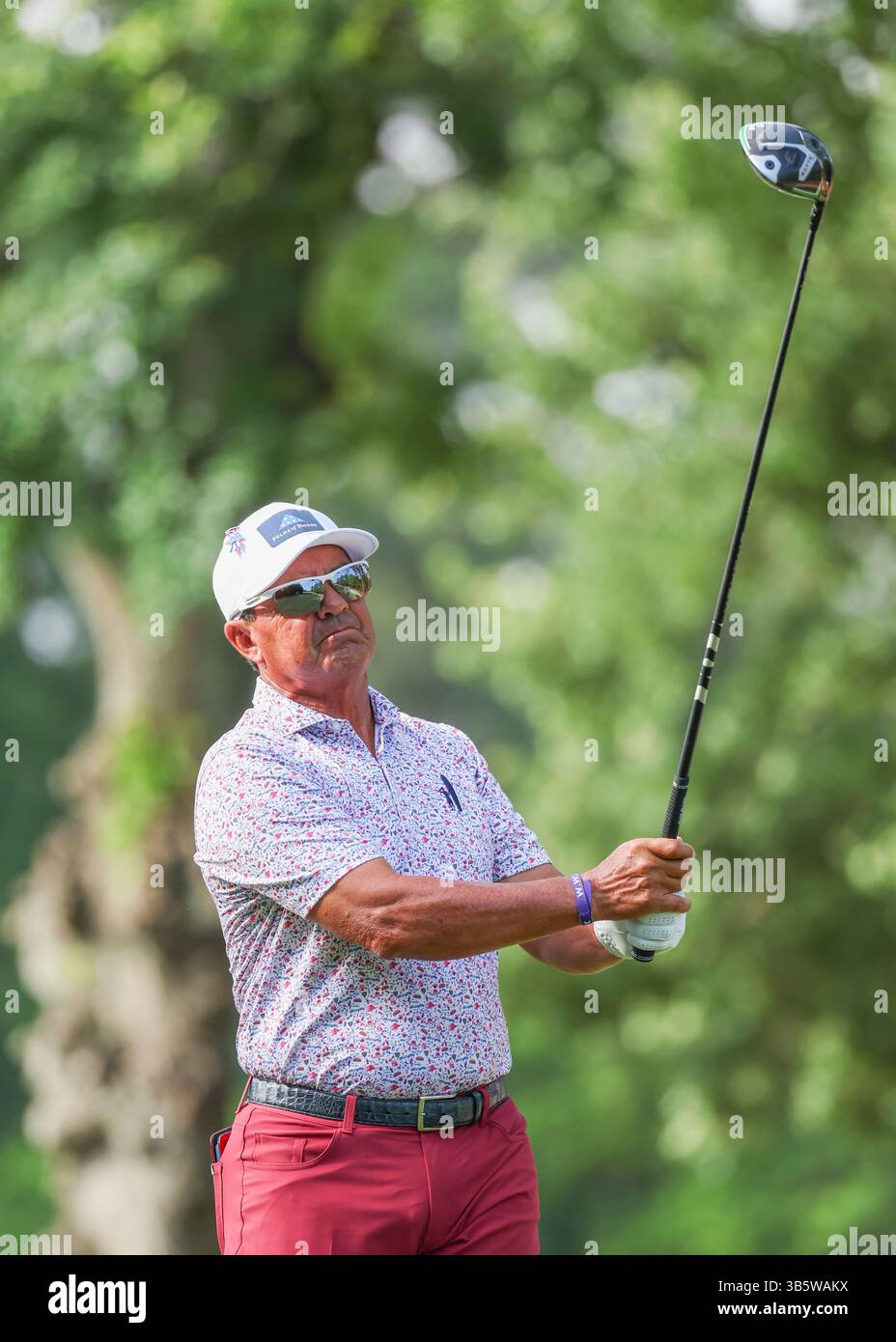 THE WOODLANDS, TX - MAY 02: Tom Pernice, Jr. watches his tee shot on 11 ...
