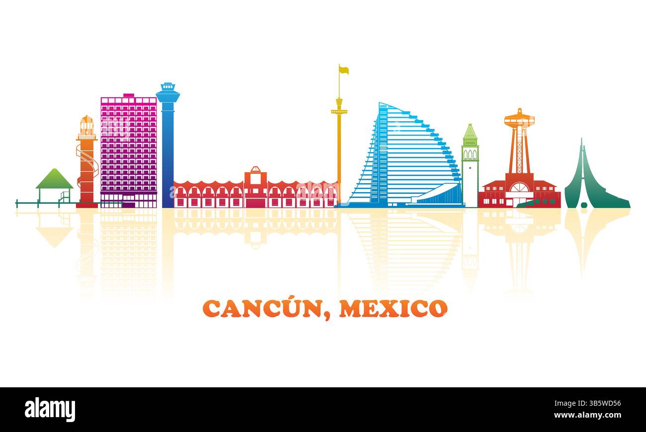Colourfull Skyline panorama of city of Cancun, Mexico - vector ...