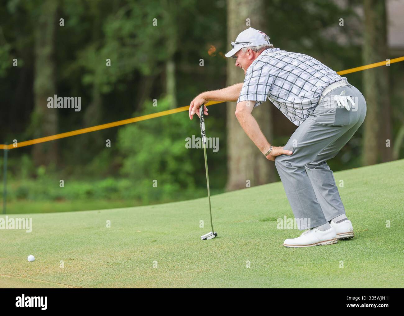 THE WOODLANDS, TX - MAY 02: Woody Austin studies his putt on 10 green ...