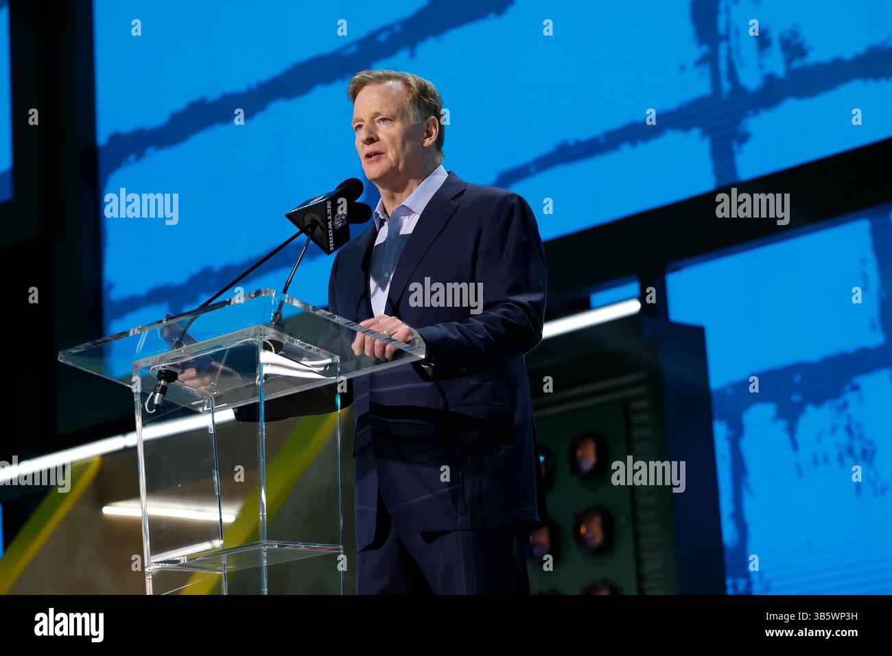NFL Commissioner Roger Goodell speaks on stage during the first round ...