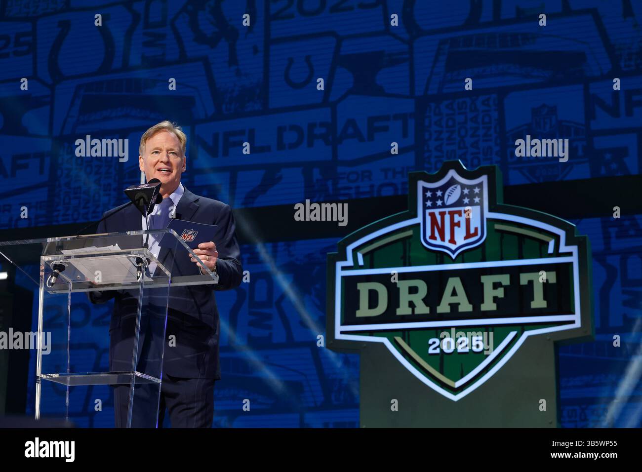 NFL Commissioner Roger Goodell speaks on stage during the first round ...