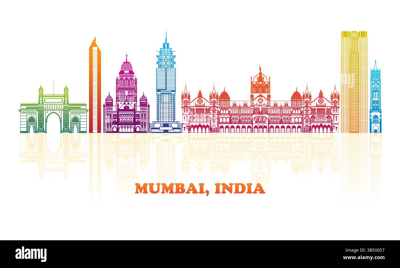 Colourfull Skyline panorama of city of Mumbai, India - vector ...