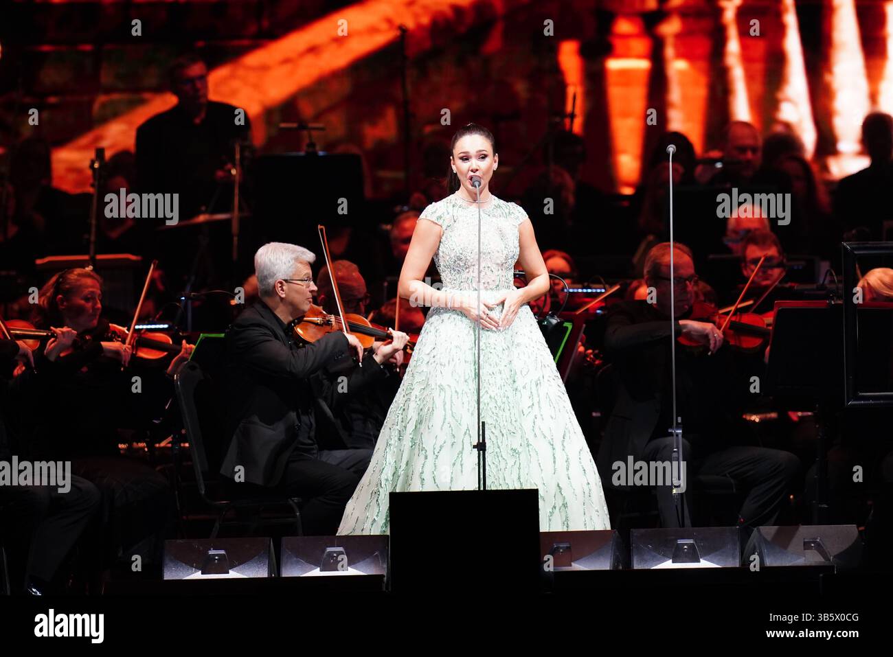 Aida Garifullina performing on stage at the O2 Arena, London, during 'Andrea Bocelli Live in ...