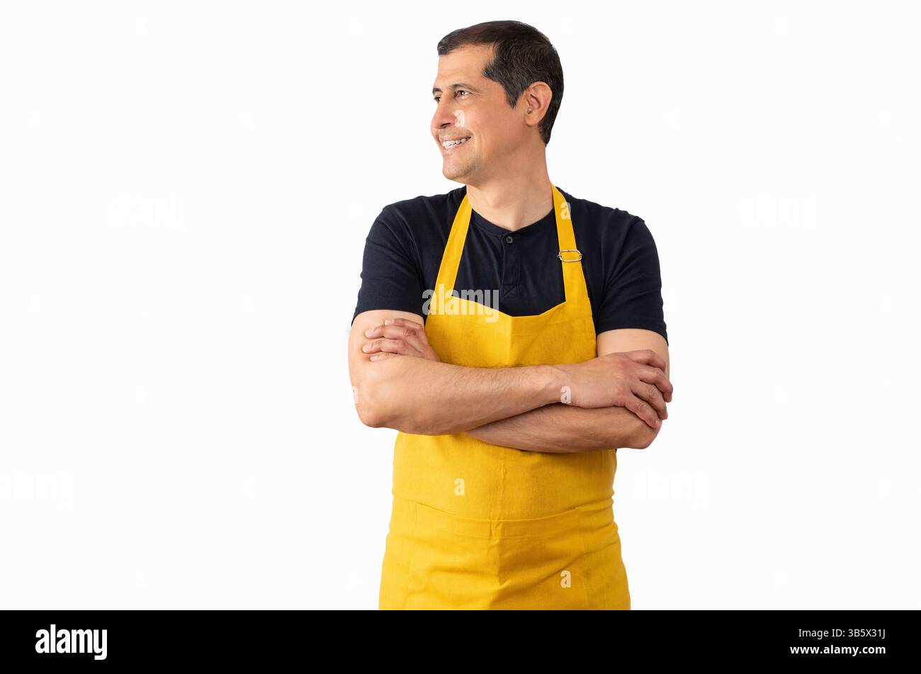 Salesman standing over isolated white background smiling looking to the ...