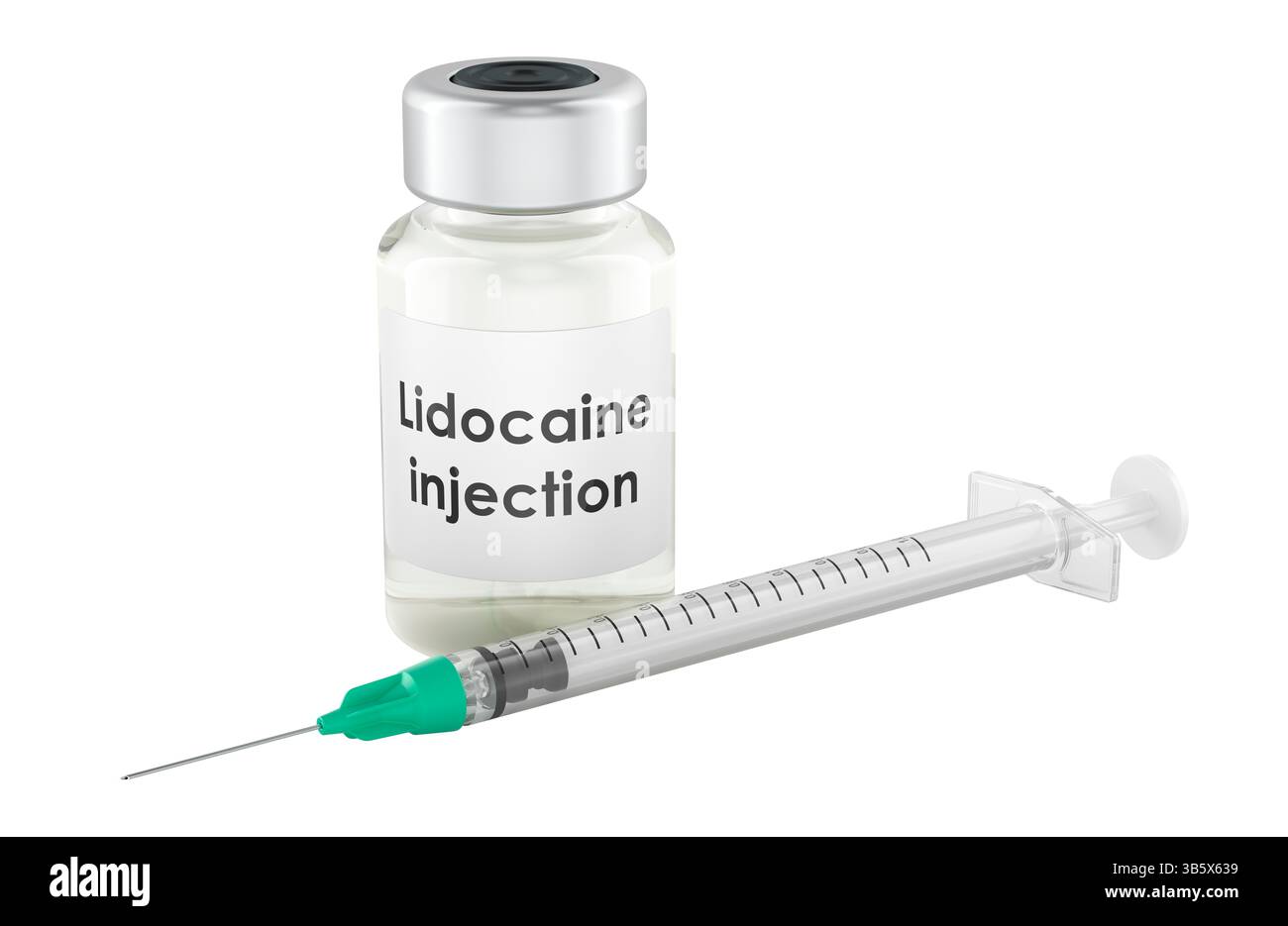 Lidocaine vial injection and syringe. 3D rendering isolated on white ...