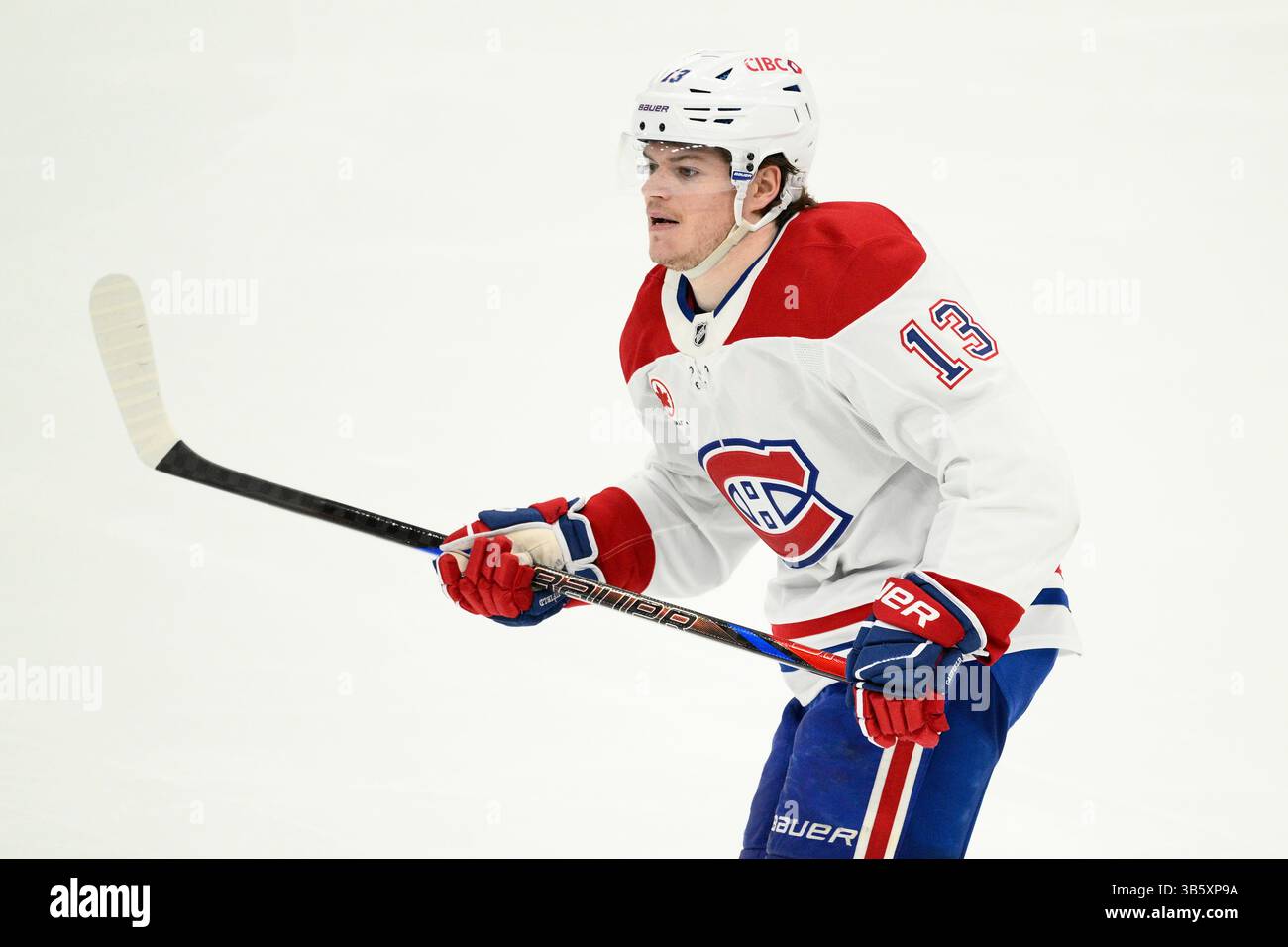 Montreal Canadiens right wing Cole Caufield (13) in action in the third period of Game 5 of a ...