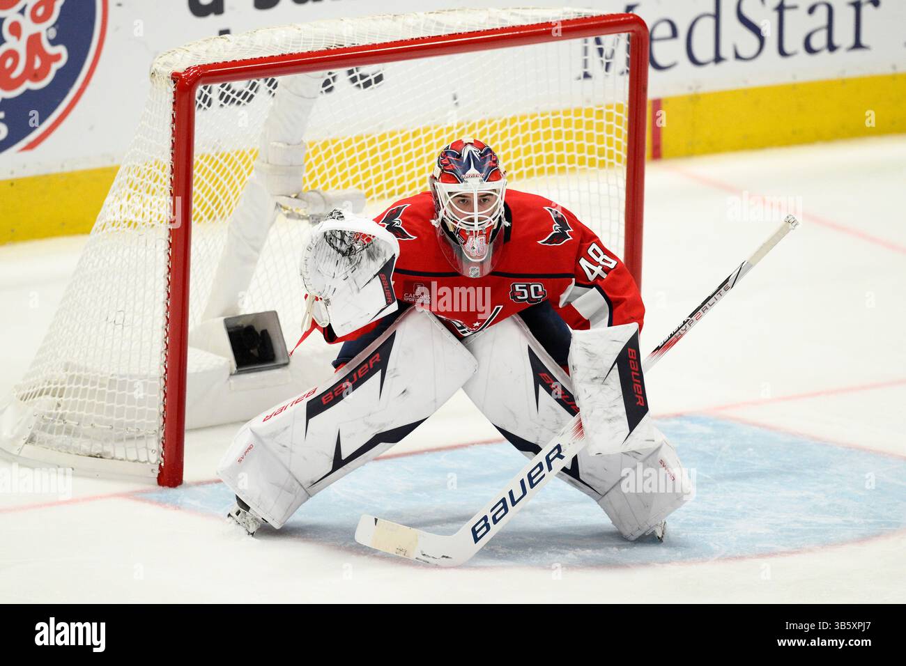 Washington Capitals goaltender Logan Thompson (48) in action in the third period of Game 5 of a ...