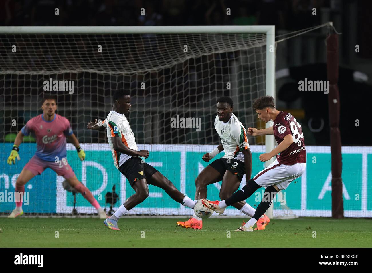 Turin, Italy. 2nd May, 2025. Cheick Conde of Venezia FC blocks a shot ...