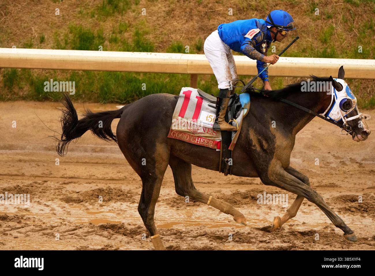 Good Cheer ridden by Luis Saez crosses the finish line to win the 151st ...