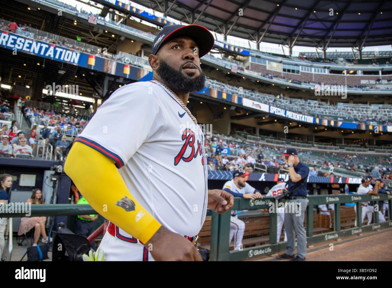 ATLANTA, GA - APRIL 21: Marcell Ozuna #20 of the Atlanta Braves jogs ...