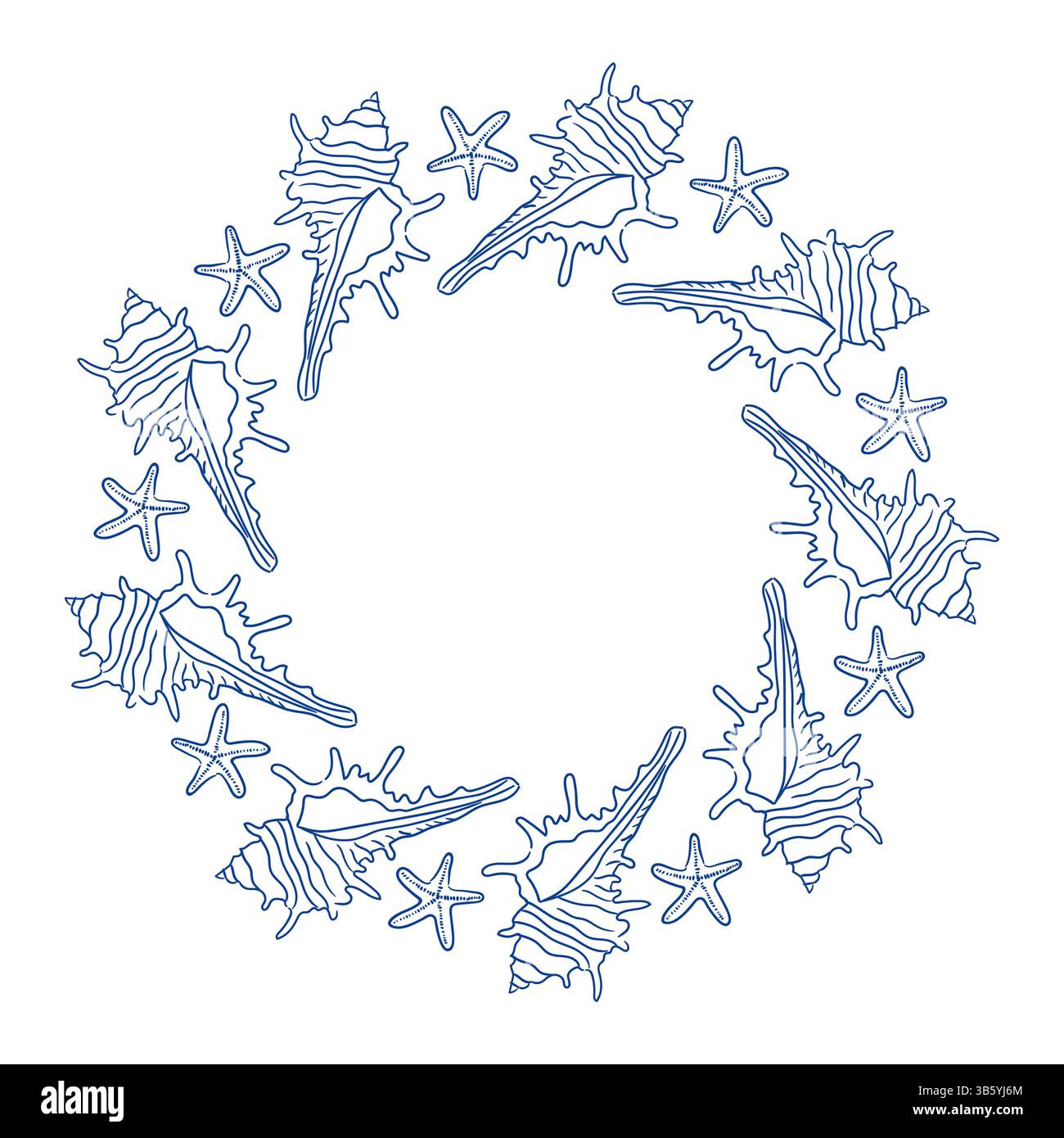 Decorative ocean-themed circle design featuring shells and starfish in ...