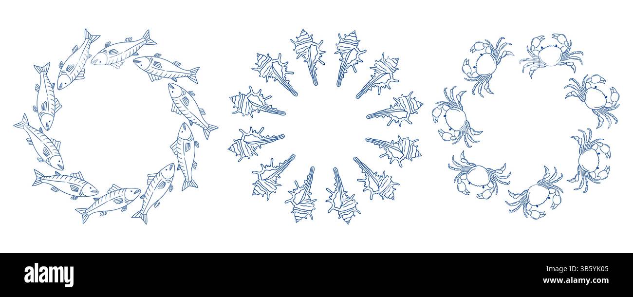 Decorative marine patterns featuring fish, sea creatures, and ...