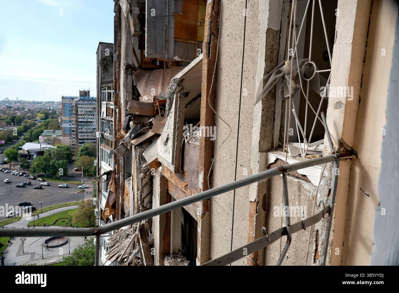 A residential building damaged by a nighttime Russian drone attack ...