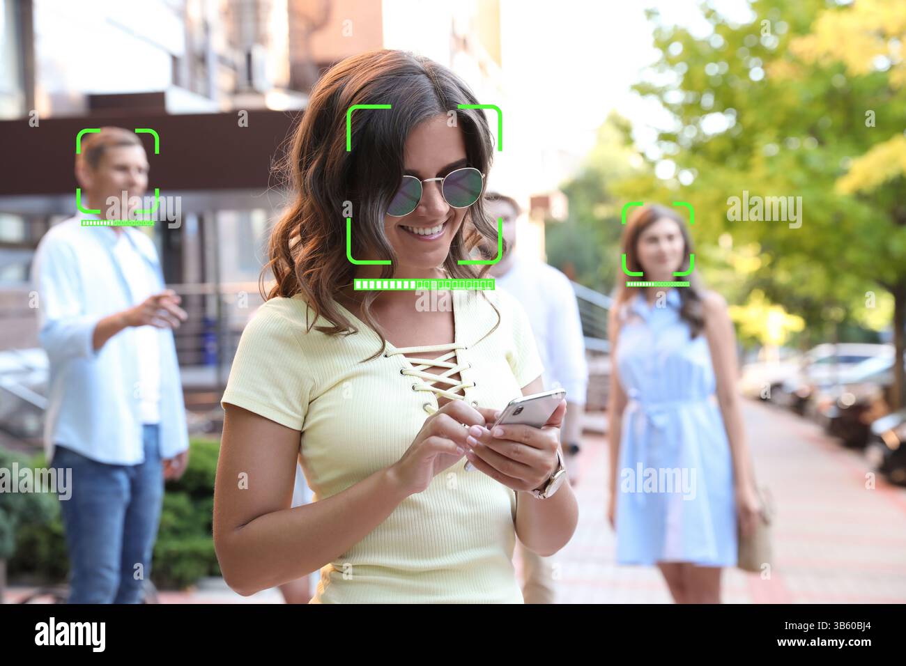 Facial recognition system identifying people on city street, selective ...